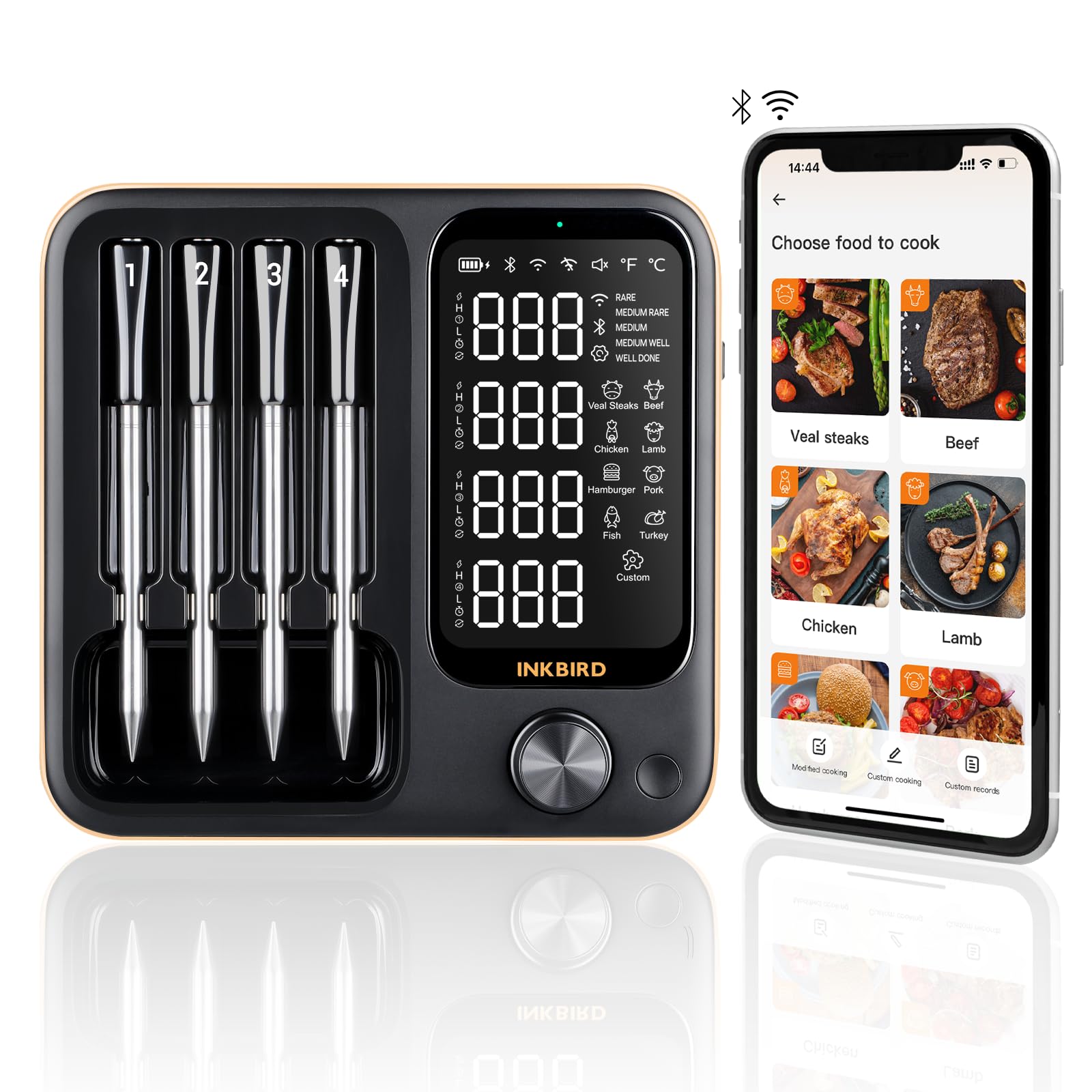 Inkbird Grill Thermometer,Bluetooth Smoker Thermometer,Cooking Digital BBQ Thermometer with 150FT,Alarm and Timer Kitchen Meat Thermometer for Grilling,Roasting,Oven,3 Meat Probes and 1 Oven Probe