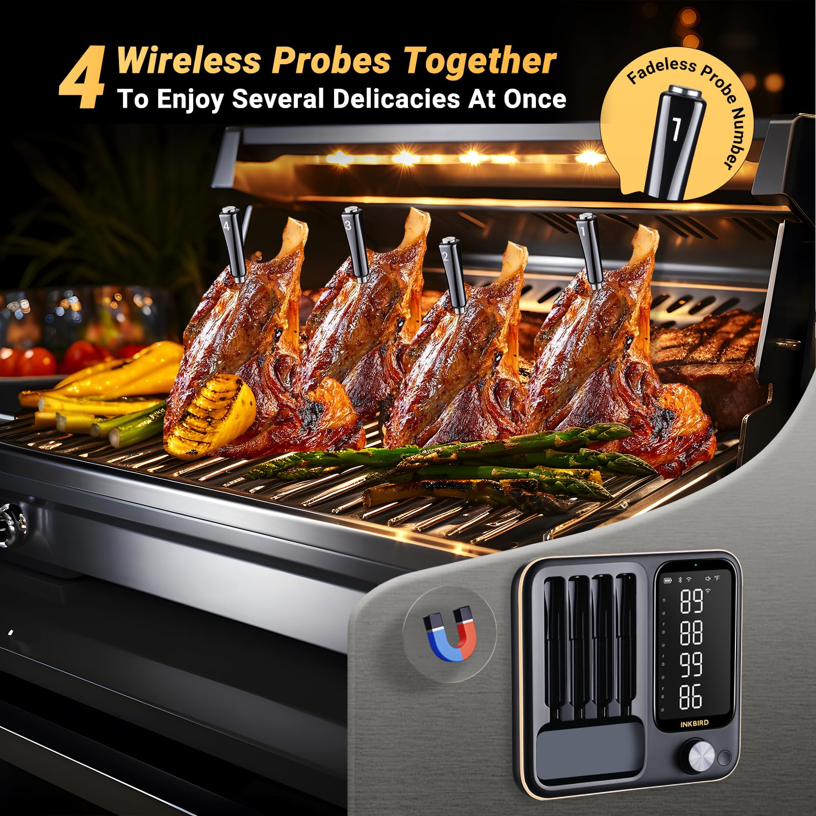 Inkbird Grill Thermometer,Bluetooth Smoker Thermometer,Cooking Digital BBQ Thermometer with 150FT,Alarm and Timer Kitchen Meat Thermometer for Grilling,Roasting,Oven,3 Meat Probes and 1 Oven Probe
