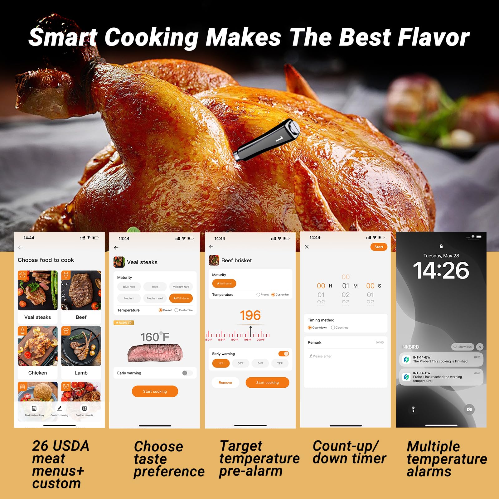 Inkbird Grill Thermometer,Bluetooth Smoker Thermometer,Cooking Digital BBQ Thermometer with 150FT,Alarm and Timer Kitchen Meat Thermometer for Grilling,Roasting,Oven,3 Meat Probes and 1 Oven Probe