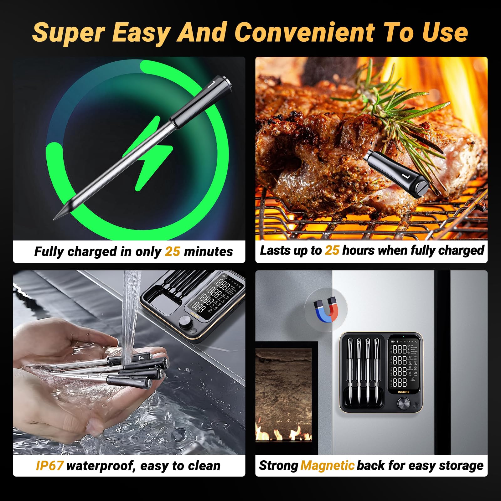 Inkbird Grill Thermometer,Bluetooth Smoker Thermometer,Cooking Digital BBQ Thermometer with 150FT,Alarm and Timer Kitchen Meat Thermometer for Grilling,Roasting,Oven,3 Meat Probes and 1 Oven Probe