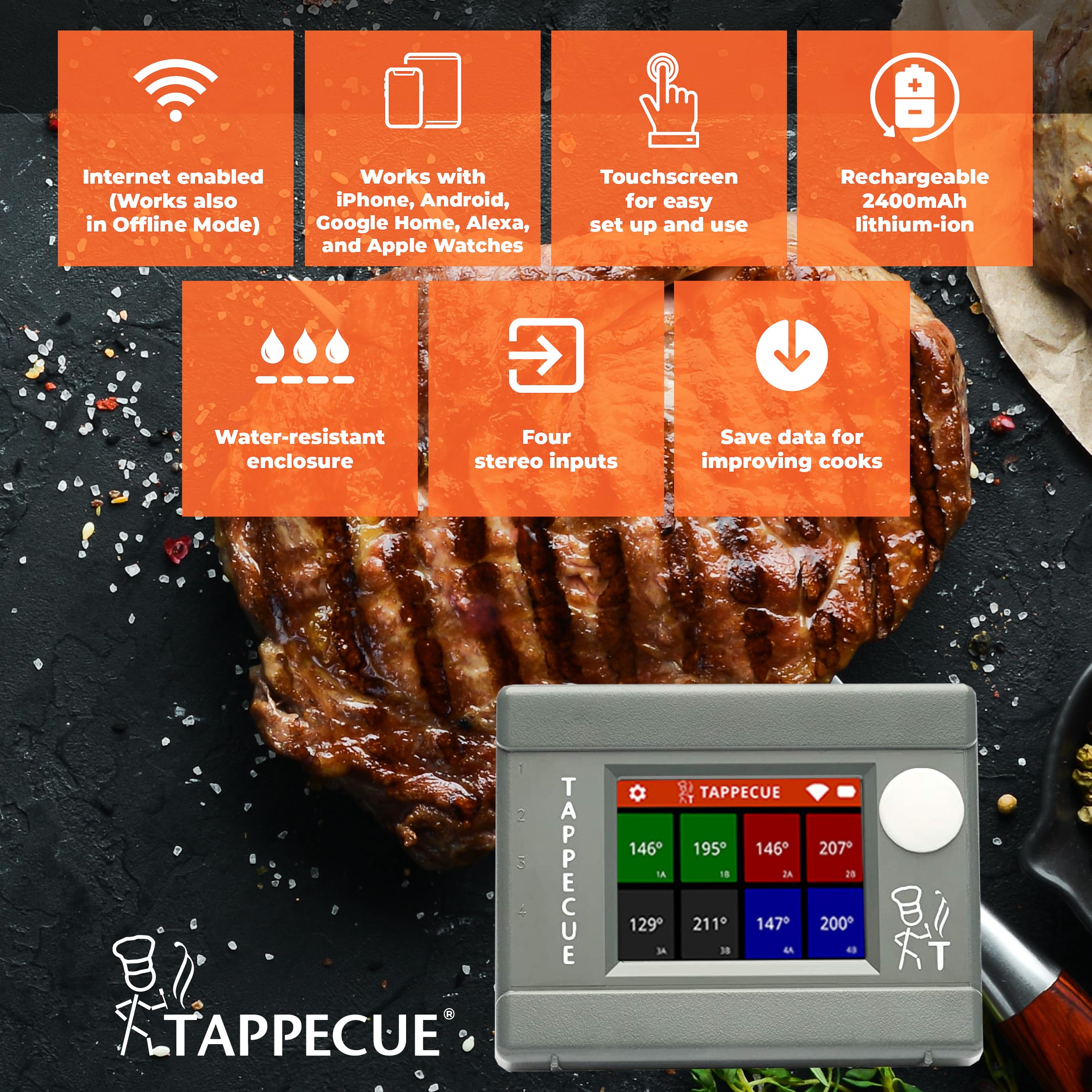 Tappecue - True Wi-Fi Thermometer, Made in USA | 4 x Dual Sensor Probes(2 in 1, Measure Meat and Ambient in 1 Probe) 8 Readings for Grill BBQ Smokers, Internet Enabled & Alarm. Android & iOS Apps