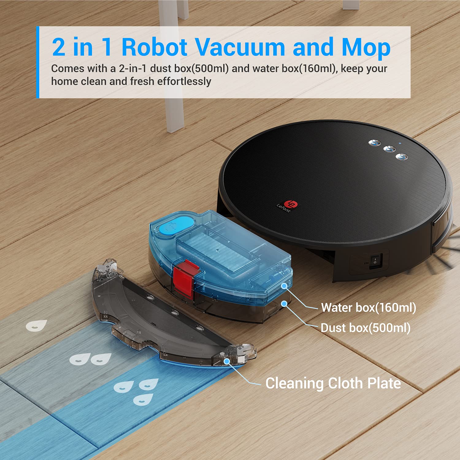 Lefant Robot Vacuum and Mop, Robotic Vacuum Cleaner with 3200Pa Suction, Smart Navigation, 150 Mins Runtime, Works with Alexa and Google Assistant, Self-Charging, Ideal for Pet Hair,Floor,Carpet(U180)