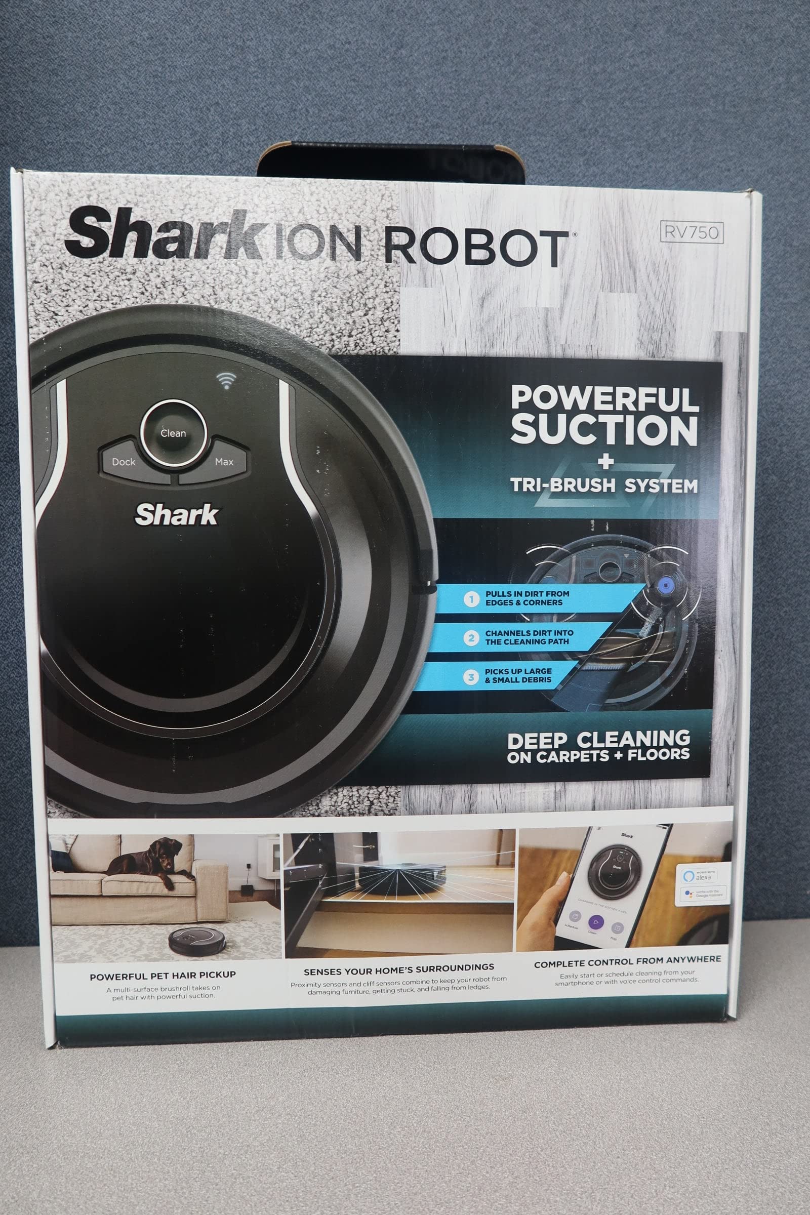 Shark ION Robot Vacuum RV761 with Wi-Fi and Voice Control, 0.5 Quarts, in Black and Navy blue