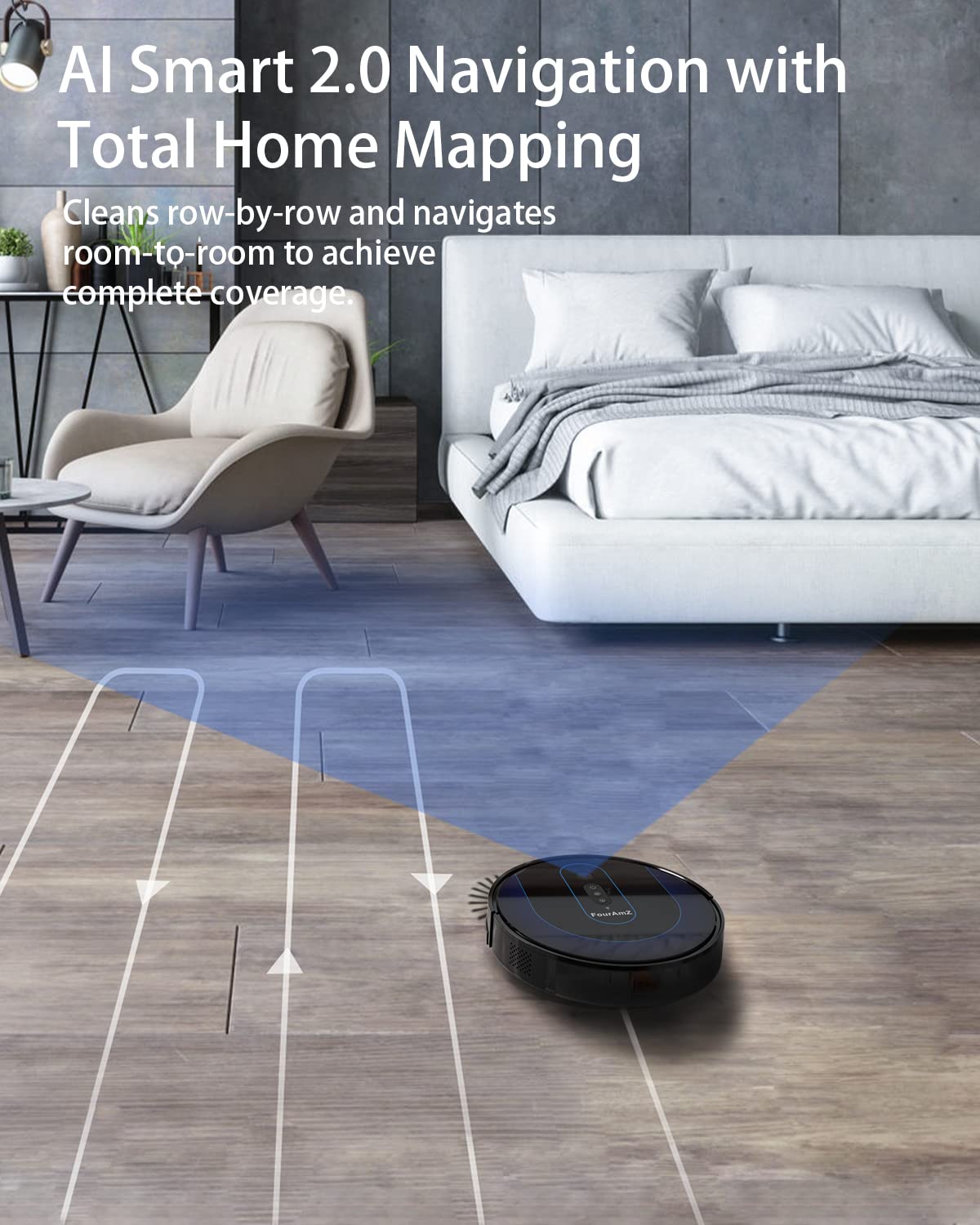 Robot Vacuum Cleaner, 4000Pa Suction AI Smart 2.0 Navigation with Home Mapping Robotic Vacuum, Selective Room Cleaning, No-go Zones, Carpet Boost, Works with Alexa, Ideal for Pet Hair FourAmZ V100 Pro