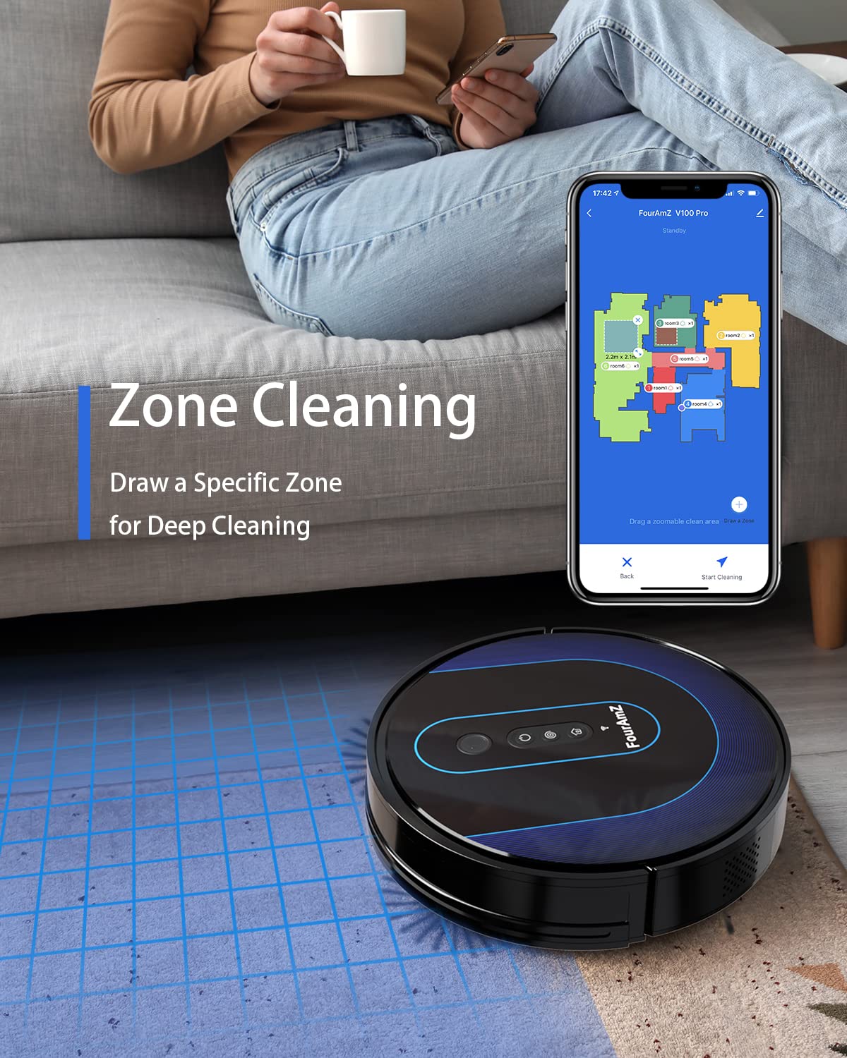 Robot Vacuum Cleaner, 4000Pa Suction AI Smart 2.0 Navigation with Home Mapping Robotic Vacuum, Selective Room Cleaning, No-go Zones, Carpet Boost, Works with Alexa, Ideal for Pet Hair FourAmZ V100 Pro
