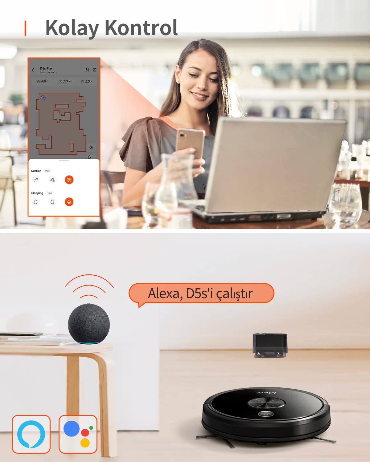 Ultenic D5s Pro Robot Vacuum and Mop Combo, 3000Pa Strong Suction, Row-by-Row Cleaning, APP Control, Self-Charging, Works with Alexa, Boundary Strips, Good for Pet Hair, Hard Floor and Carpet