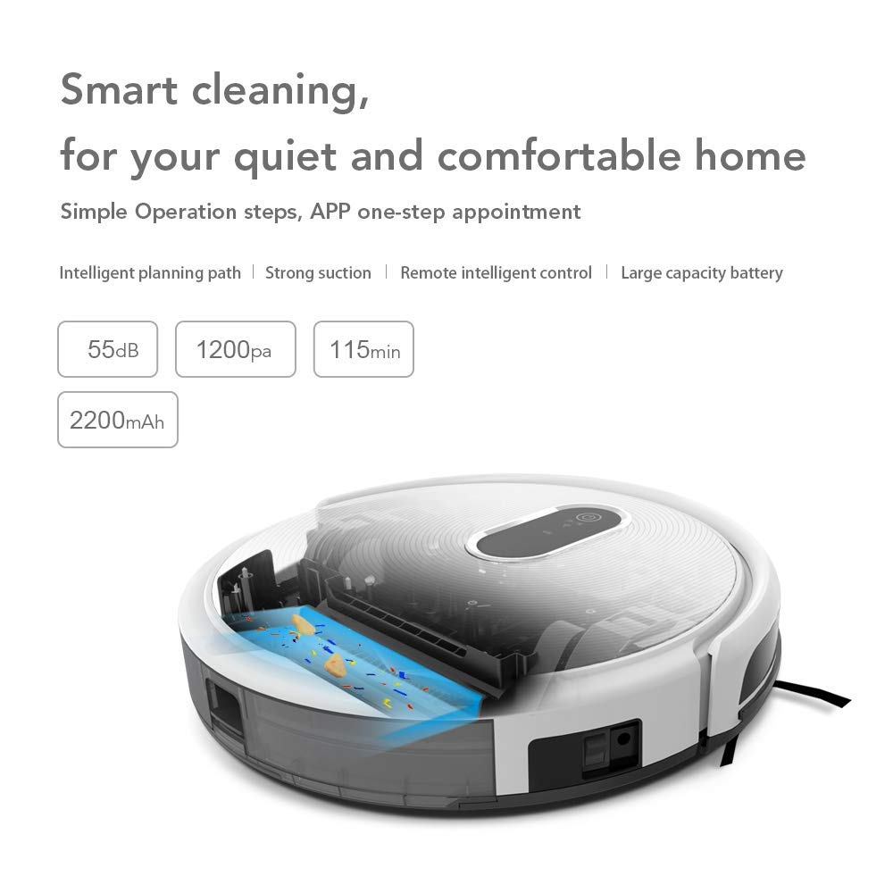 Robotic Vacuum Cleaner, Floor Robot Vacuum, Strong Suction, Super Thin and Quiet, Robot Vacuum Mapping, Cleans Pet Fur, Hard Floor to Carpet (White)