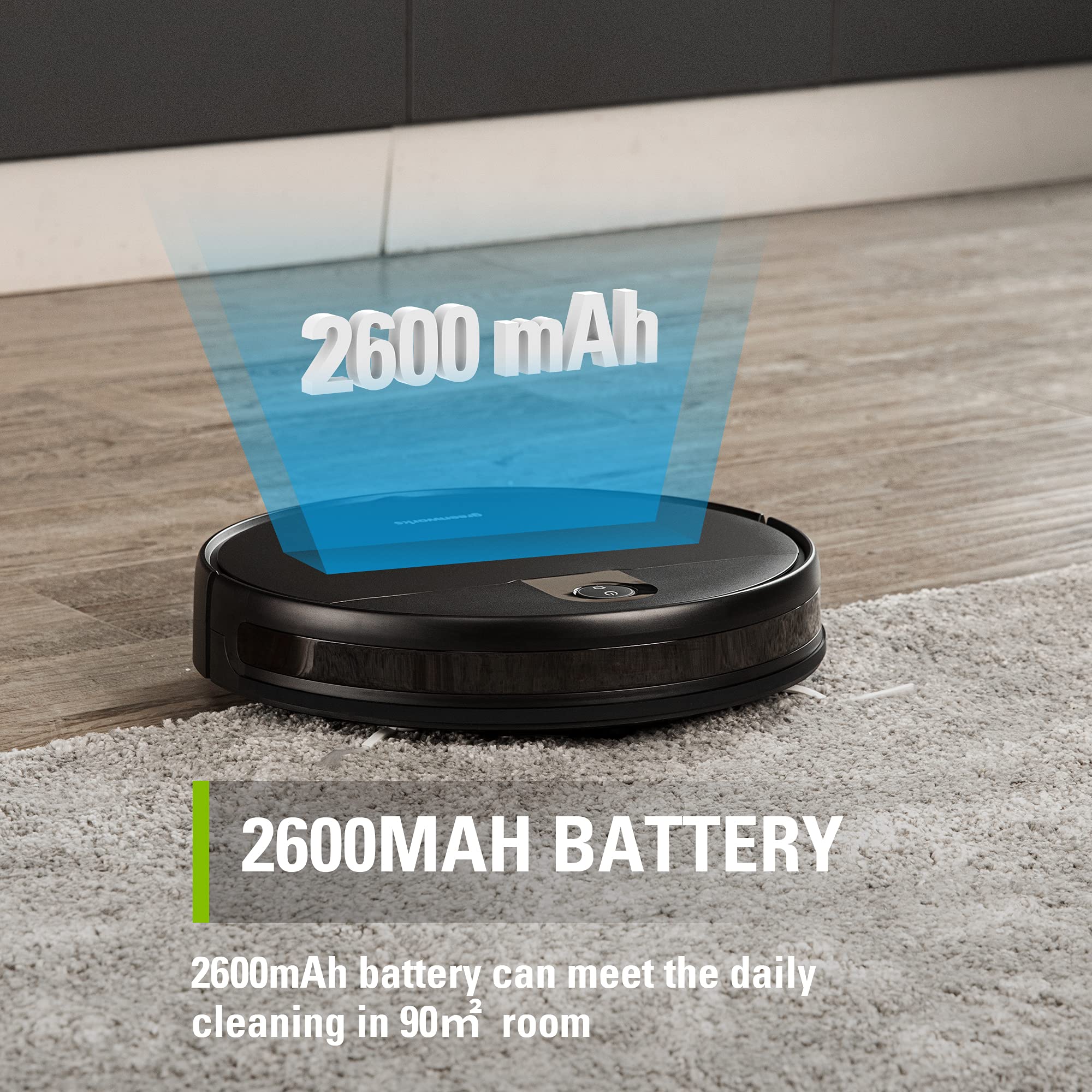 Greenworks Robotic Vacuum GRV-1010 Self-Charging, Wi-Fi Connectivity, 2200Pa Extreme Suction Power, Perfect for Pet Hair, Hard Floors, Carpets, Works with Alexa