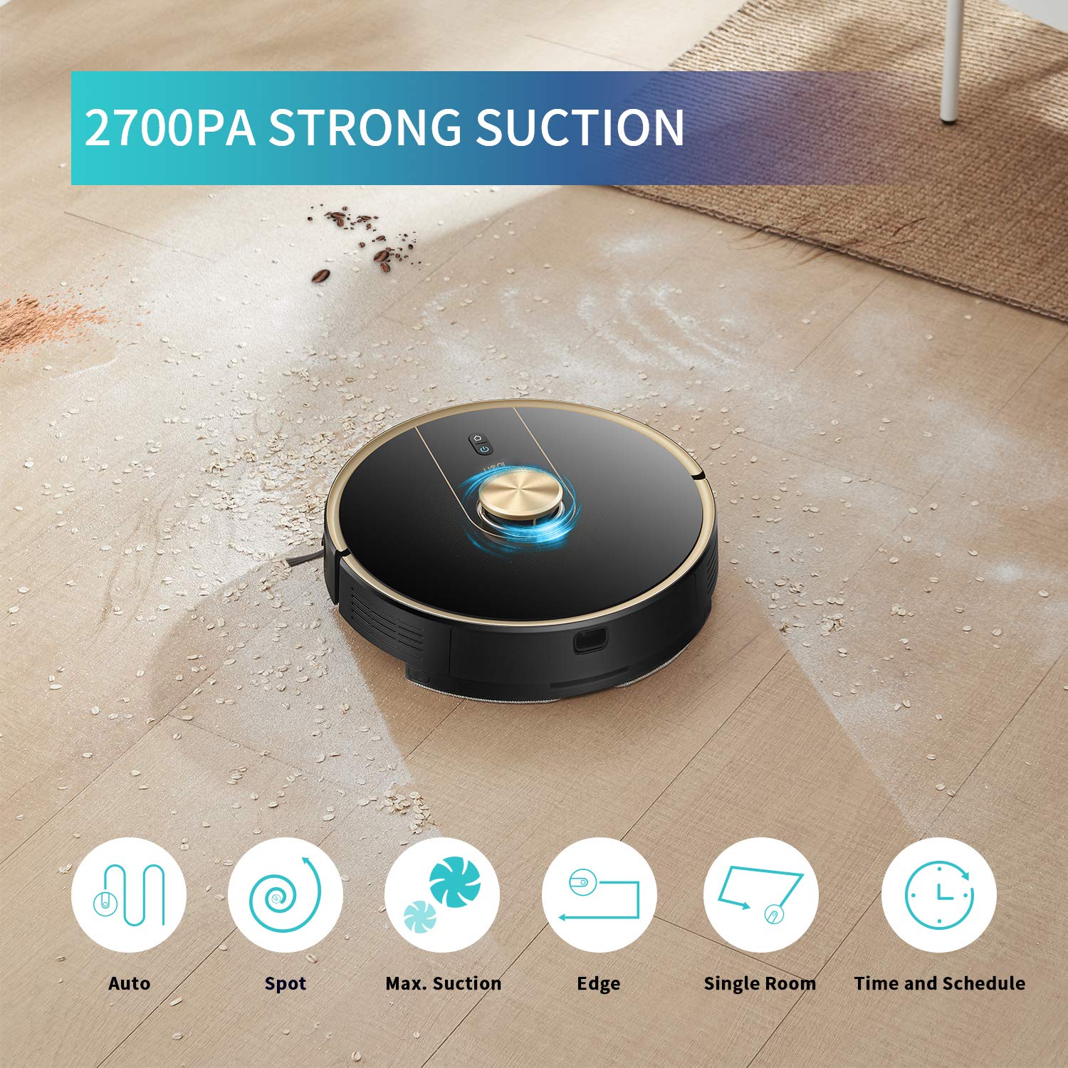 UONI V980Plus Robot Vacuum Cleaner and Mop Combo with LIDAR Mapping Technology - 2700Pa Strong Suction Slim Design Self-Charging 5200mAh Robotic Vacuums Ideal for Pet Hair Hard Floor Carpets