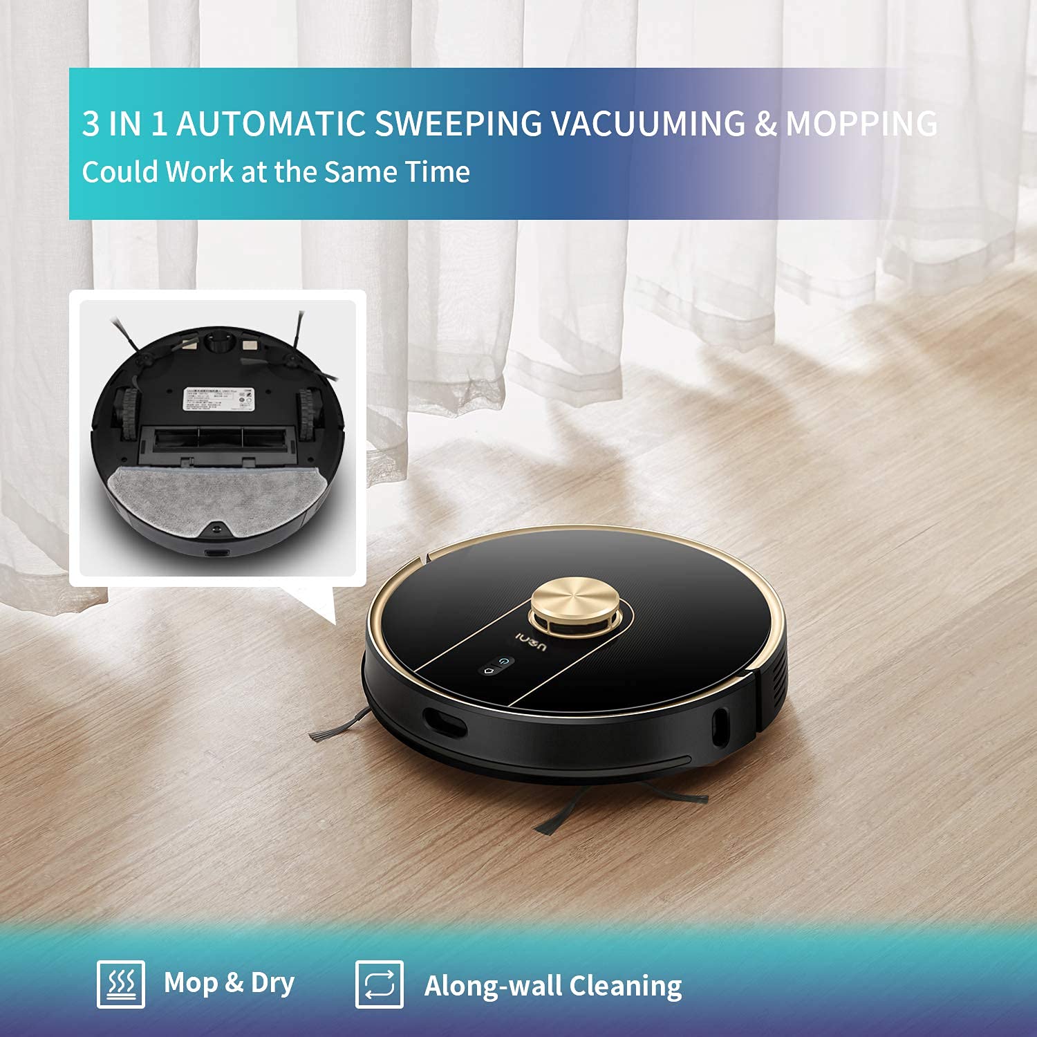 UONI V980Plus Robot Vacuum Cleaner and Mop Combo with LIDAR Mapping Technology - 2700Pa Strong Suction Slim Design Self-Charging 5200mAh Robotic Vacuums Ideal for Pet Hair Hard Floor Carpets