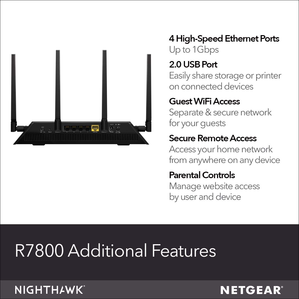 NETGEAR Nighthawk X4S Smart WiFi Router (R7800) - AC2600 Wireless Speed (up to 2600 Mbps) | Up to 2500 sq ft Coverage & 45 Devices | 4 x 1G Ethernet, 2 x 3.0 USB, and 1 x eSATA ports