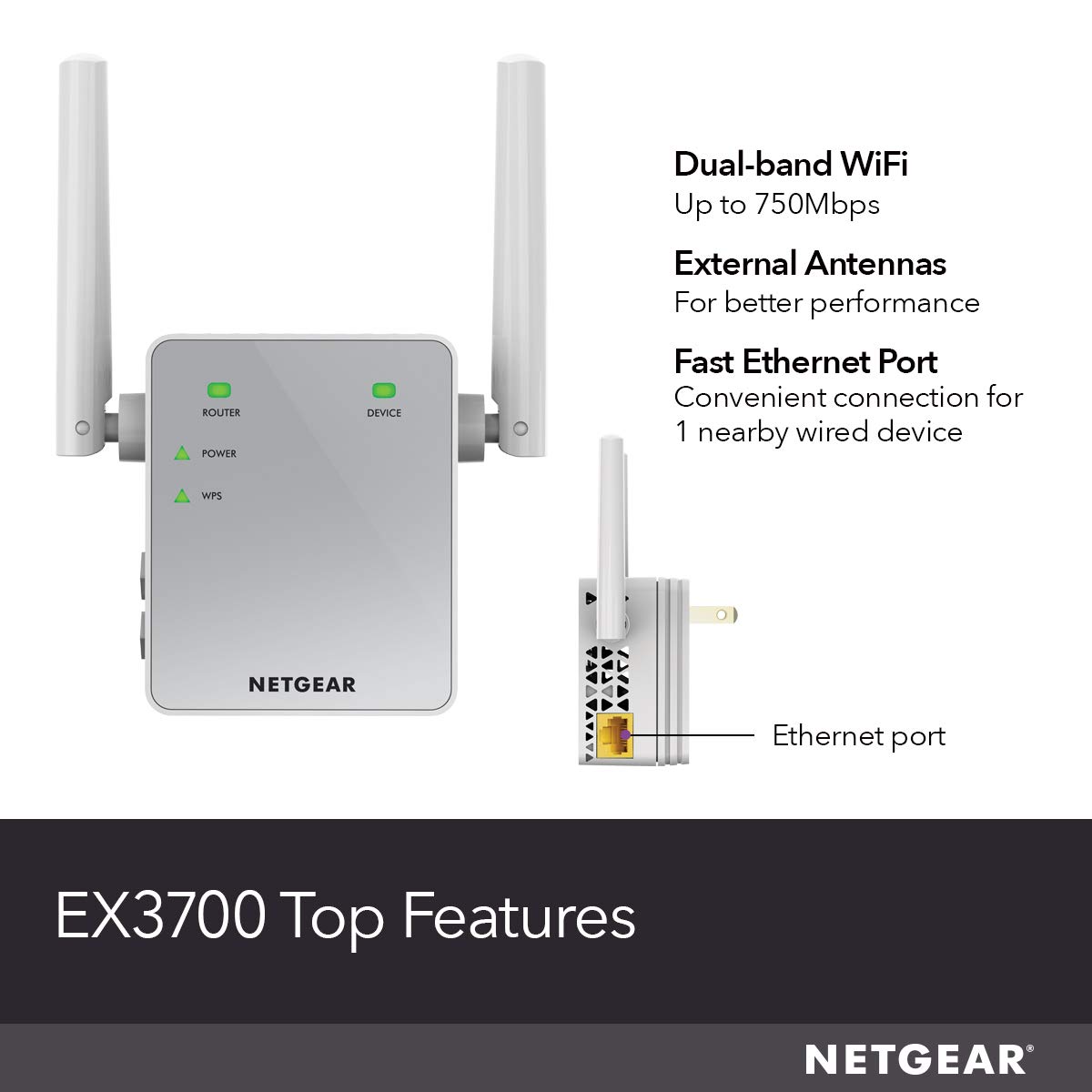 NETGEAR Wi-Fi Range Extender EX3700 - Coverage Up to 1000 Sq Ft and 15 Devices with AC750 Dual Band Wireless Signal Booster & Repeater (Up to 750Mbps Speed), and Compact Wall Plug Design