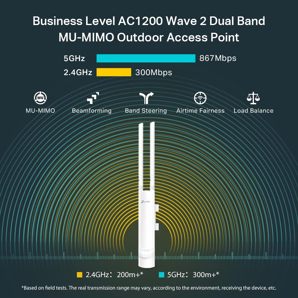 TP-Link EAP225-Outdoor | Omada AC1200 Wireless Gigabit Outdoor Access Point | Business WiFi Solution w/ Mesh Support, Seamless Roaming & MU-MIMO | PoE Powered | SDN Integrated | Cloud Access & App