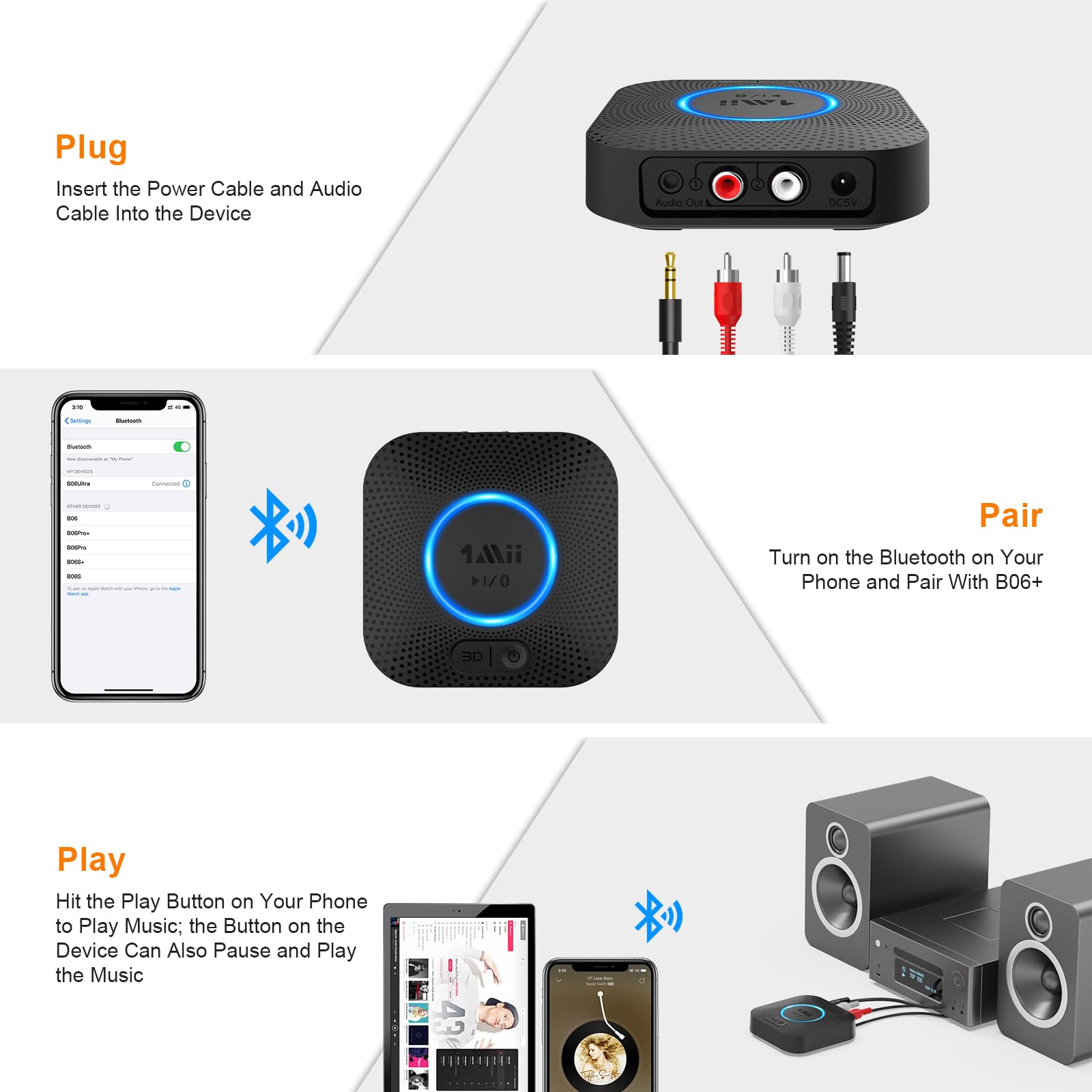 [Upgraded] 1Mii B06 Plus Bluetooth Receiver, HiFi Wireless Audio Adapter, Bluetooth 5.0 Receiver with 3D Surround aptX HD aptX Low Latency for Home Music Streaming Stereo System