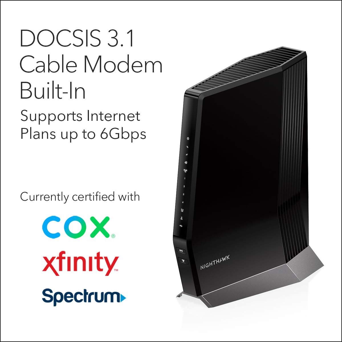 NETGEAR Nighthawk Cable Modem with Built-in WiFi 6 Router (CAX80) - Compatible with All Major Cable Providers incl. Xfinity, Spectrum, Cox | Cable Plans Up to 6Gbps | AX6000 WiFi 6 speed | DOCSIS 3.1