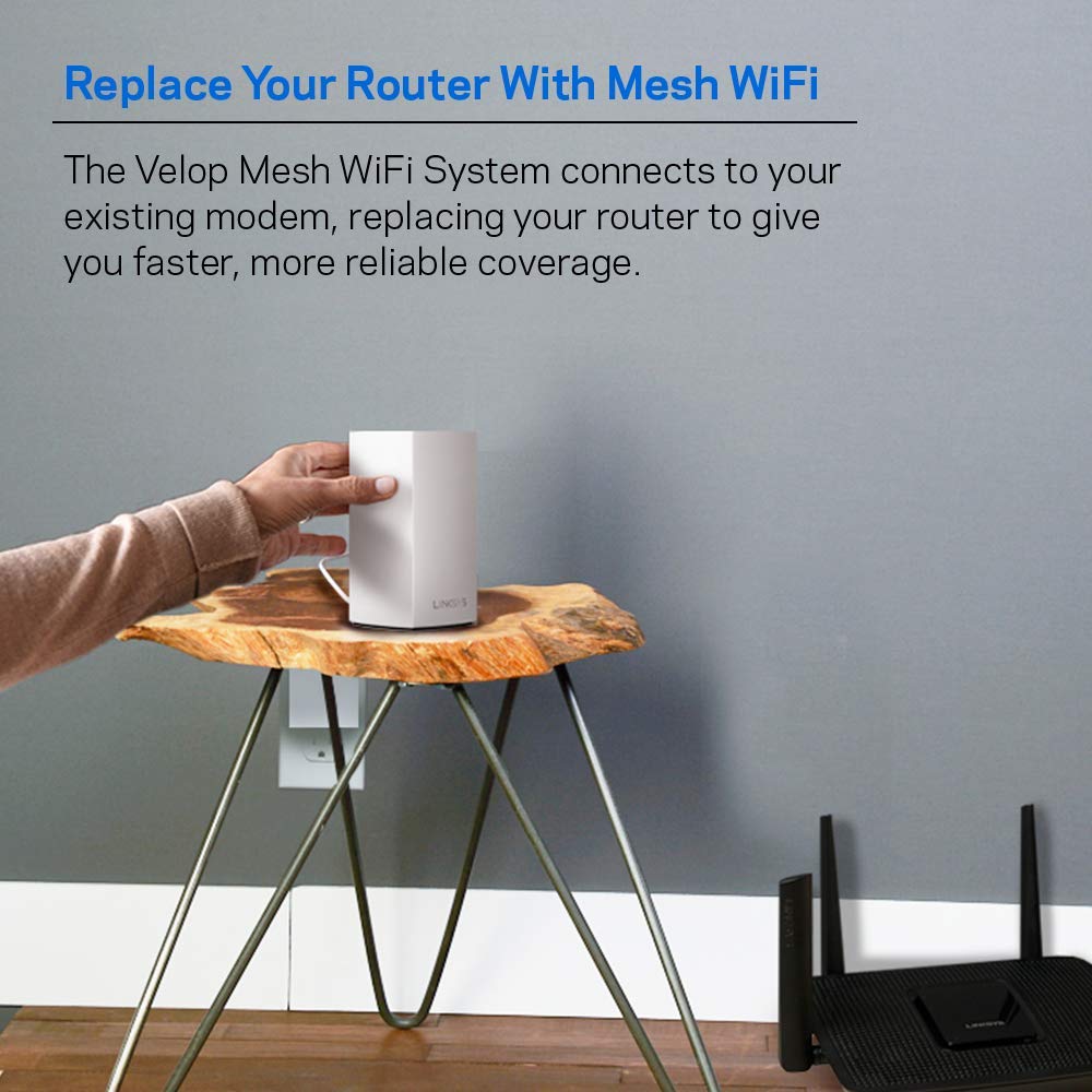 Linksys Velop Mesh Home WiFi System, 4,500 Sq. ft Coverage, 30+ Devices, Speeds up to (AC1300) 1.3Gbps - WHW0103