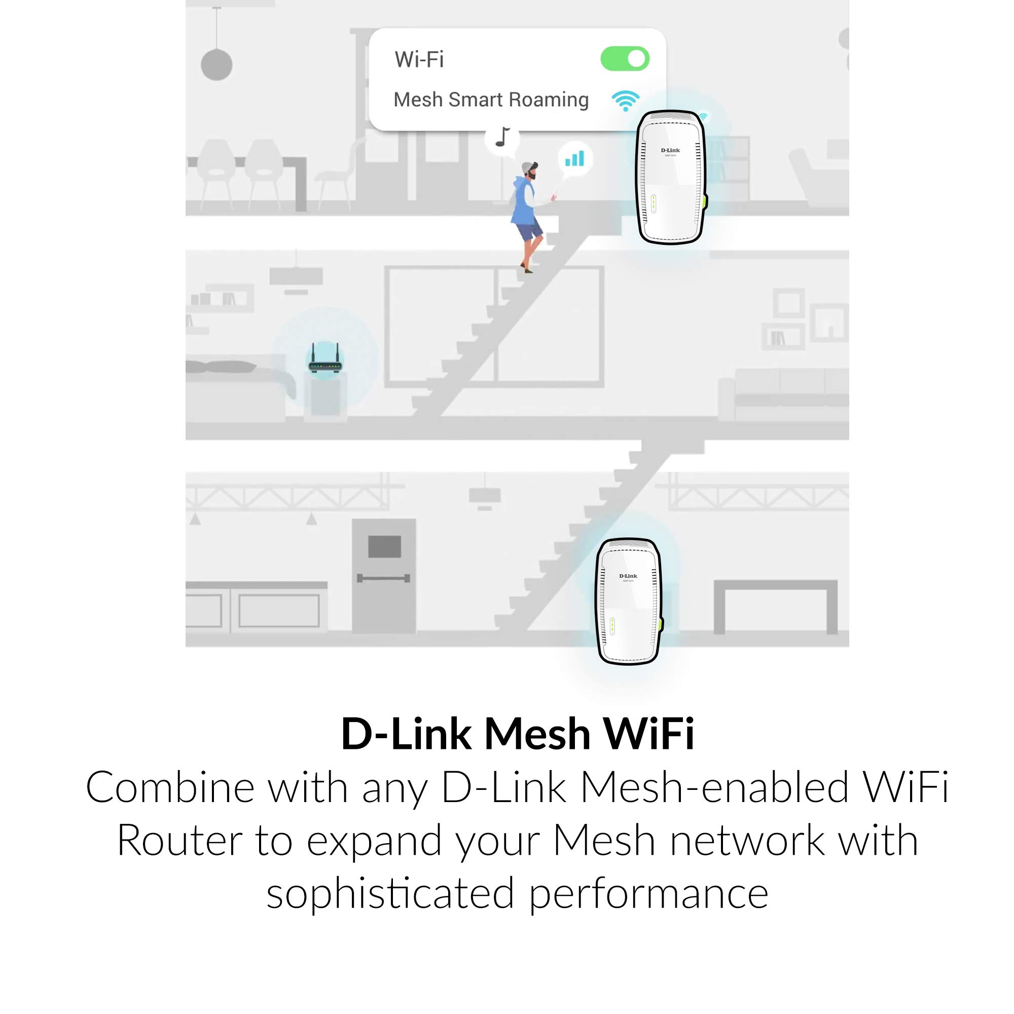 D-Link WiFi Range Extender Mesh Gigabit AC1900 Dual Band Plug In Wall Signal Booster Wireless or Ethernet Port Smart Home Access Point (DAP-1955-US)