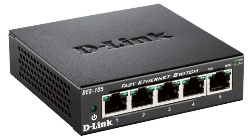 D-Link Fast Ethernet Switch, 5 Port Unmanaged 10/100 Metal Fanless Desktop or Wall Mount Design (DES-105)