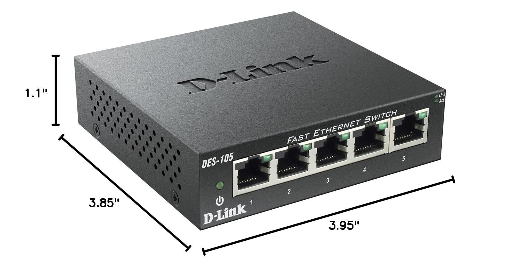 D-Link Fast Ethernet Switch, 5 Port Unmanaged 10/100 Metal Fanless Desktop or Wall Mount Design (DES-105)