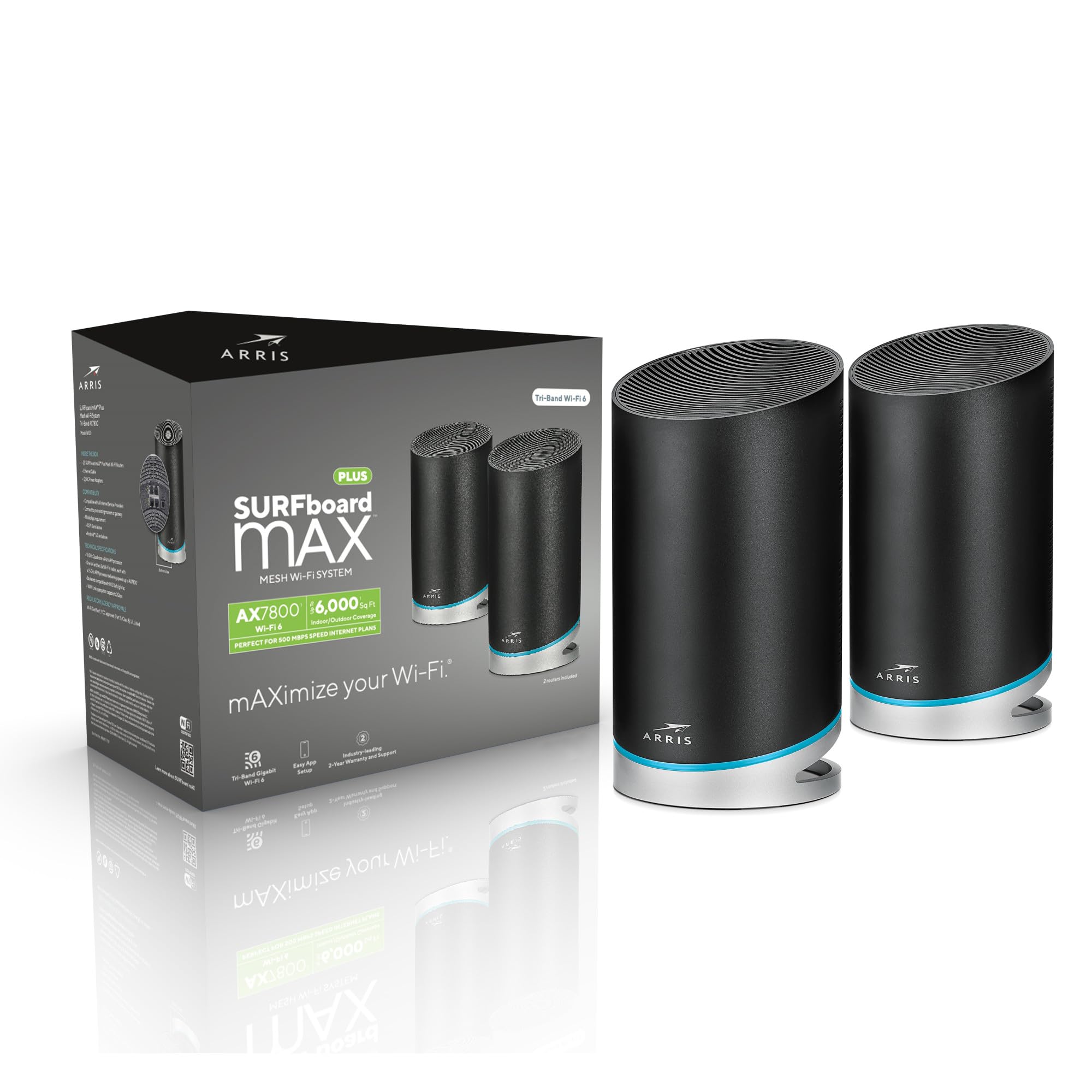 ARRIS SURFboard mAX W130 Tri-Band Mesh Wi-Fi 6 System | AX7800 Wi-Fi Speeds up to 7.8 Gbps | Coverage 6,000 sq ft | 4.8 Gbps Backhaul | Four 1 Gbps Ports per Node | Alexa Support | 2 Year Warranty