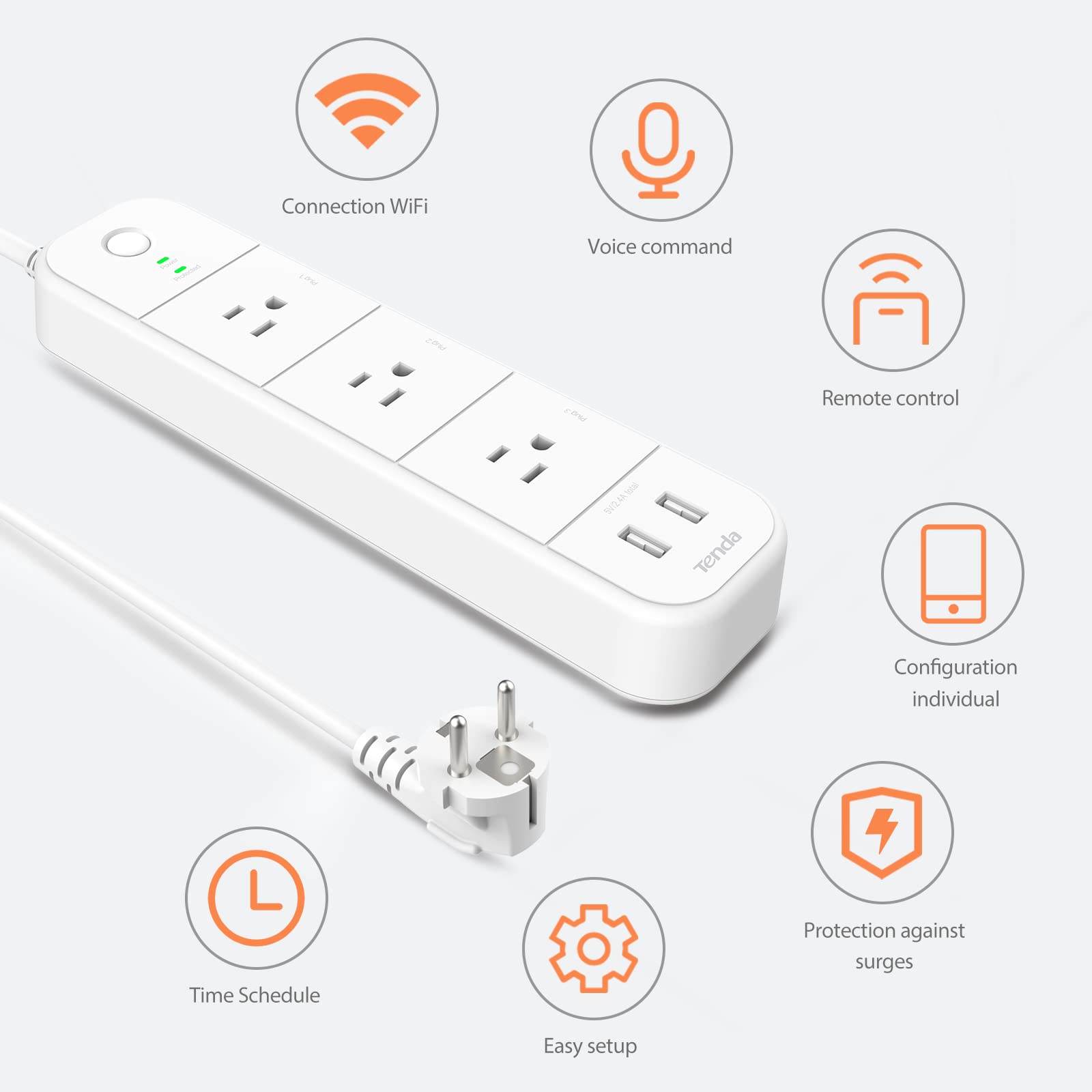 Tenda SP15 Smart WI-FI Plug Smart Power Strip, Surge Protector with 3 Individually Controlled Smart Outlets and 2 USB Ports, Surge Protection, Alexa Voice Control and Google Home, 1875W|15A|White