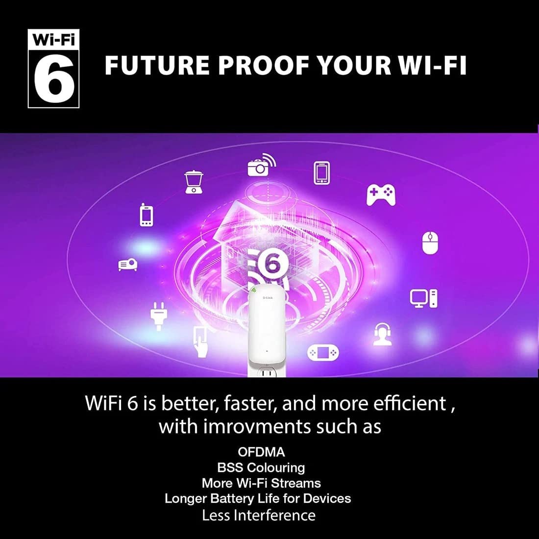 D-Link WiFi 6 Range Extender AX1800 Mesh Repeater and Signal Booster, Wall Plug in, Easy Setup, Smart Home, Roaming, Ethernet Port (DAP-X1870)