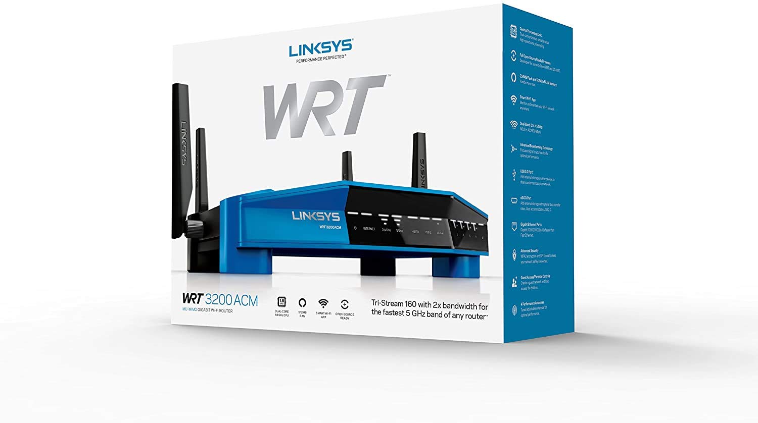 Linksys WRT3200ACM: AC3200 Dual-Band Gigabit Wi-Fi Router, Beamforming Tri-Stream Wireless Signal, Ethernet Ports, MU-MIMO (Black, Blue)
