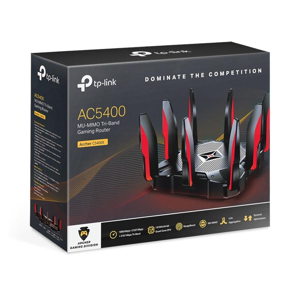TP-Link AC5400 Tri Band WiFi Gaming Router(Archer C5400X) – MU-MIMO Wireless Router, 1.8GHz Quad-Core 64-bit CPU, Game First Priority, Link Aggregation, 16GB Storage, Airtime Fairness