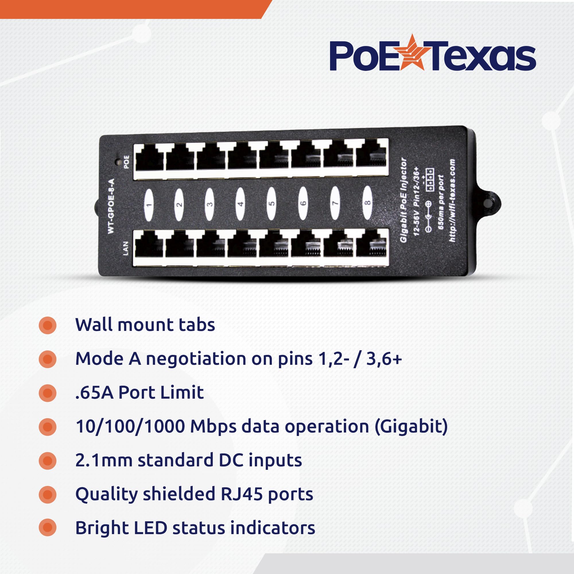 PoE Texas GPOE-8A-48v60w | 8 Port Gigabit Passive PoE Injector for PoE Cameras, IP Phones and WiFi Access Points | Includes 48 Volt 60 Watt Power Supply