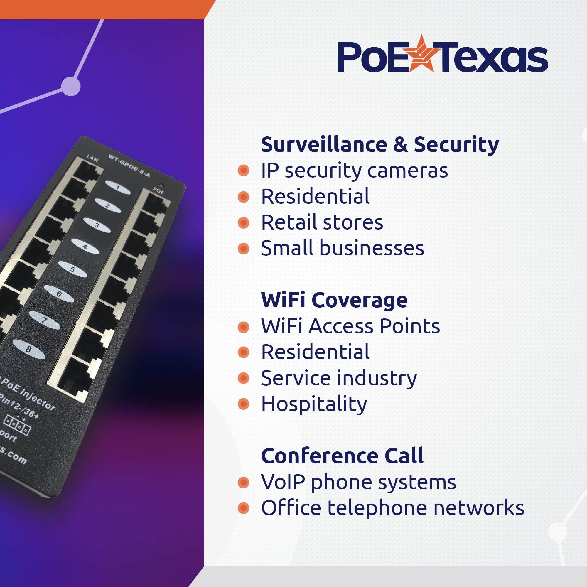 PoE Texas GPOE-8A-48v60w | 8 Port Gigabit Passive PoE Injector for PoE Cameras, IP Phones and WiFi Access Points | Includes 48 Volt 60 Watt Power Supply