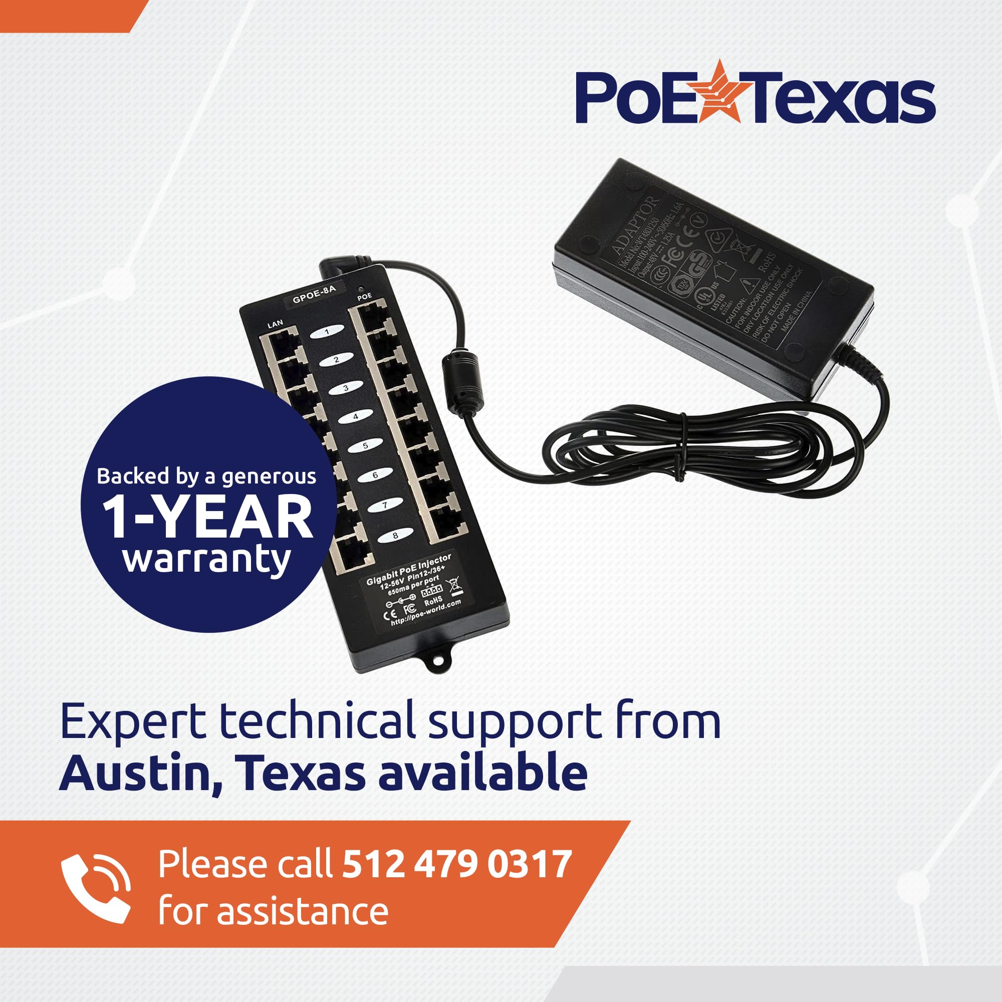 PoE Texas GPOE-8A-48v60w | 8 Port Gigabit Passive PoE Injector for PoE Cameras, IP Phones and WiFi Access Points | Includes 48 Volt 60 Watt Power Supply