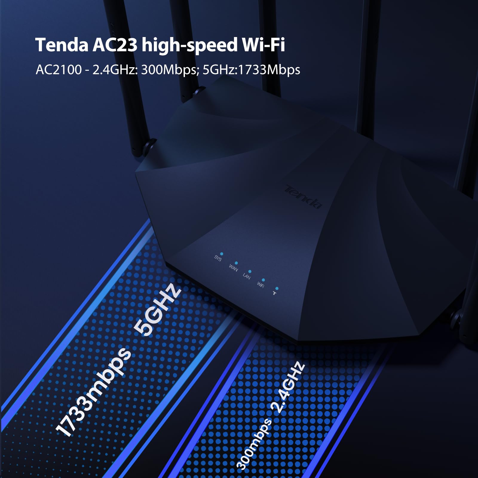 Tenda AC23 Smart WiFi Router - Dual Band Gigabit Wireless (up to 2033 Mbps) Internet Router for Home, 4X4 MU-MIMO Technology, Up to 1400 sq ft Coverage Parental Control Compatible with Alexa (AC2100)
