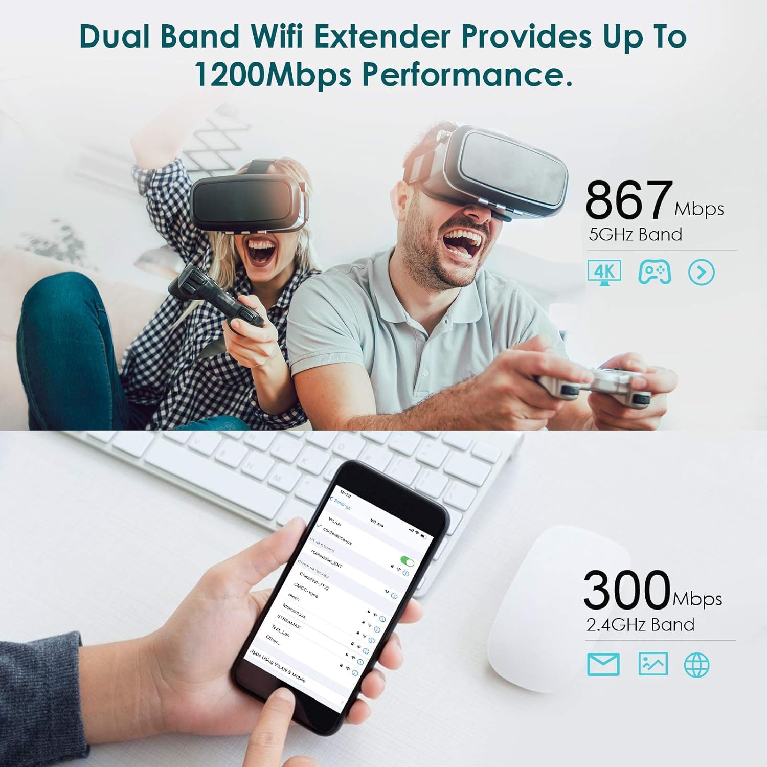 WiFi Extender- WiFi Range Extender Up to 1200Mbps, WiFi Signal Booster, 2.4 & 5GHz Dual Band WiFi Repeater with Access Ethernet Port, 360° Full Coverage, Easy Set-Up. (1200Mbps)
