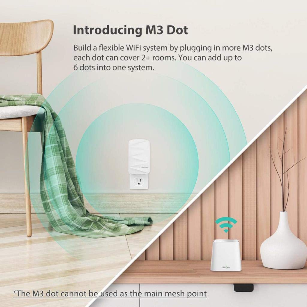 Meshforce M3 Mesh WiFi System, 3,000 sq.ft Whole Home Coverage, Mesh Router for Wireless Internet, WiFi Router Replacement, Parental Control, Plug-in Design (1 WiFi Point & 1 Dot)