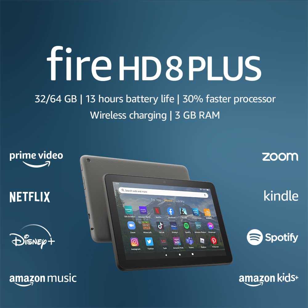 All-new Amazon Fire HD 8 Plus tablet, 8” HD Display, 32 GB, 30% faster processor, 3GB RAM, wireless charging, (2022 release), Gray