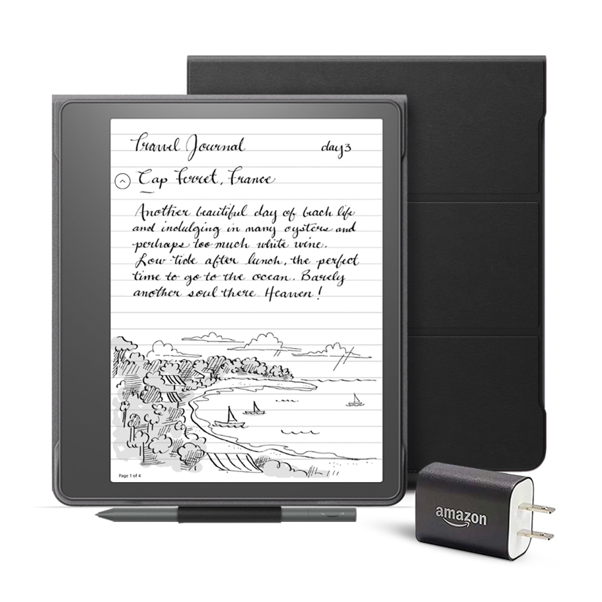 Kindle Scribe Essentials Bundle including Kindle Scribe (16 GB), Basic Pen, Leather Folio Cover with Magnetic Attach - Black, and Power Adapter