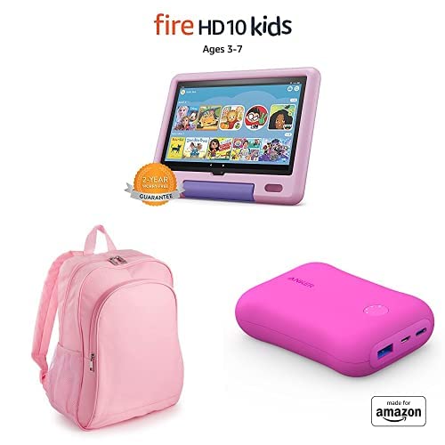 Fire HD 10 Kids Tablet, 10.1" HD (32GB, Lavender) with Backpack + Portable Charger