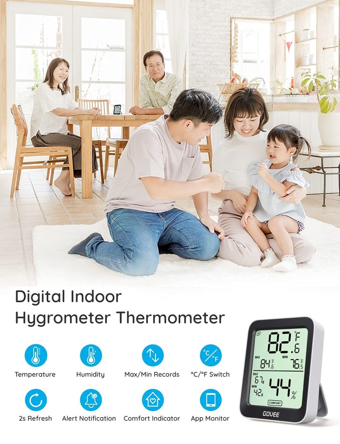 Govee Hygrometer Thermometer H5075, Bluetooth Indoor Room Temperature Monitor Greenhouse Thermometer with Remote App Control, Notification Alerts, 2 Years Data Storage Export