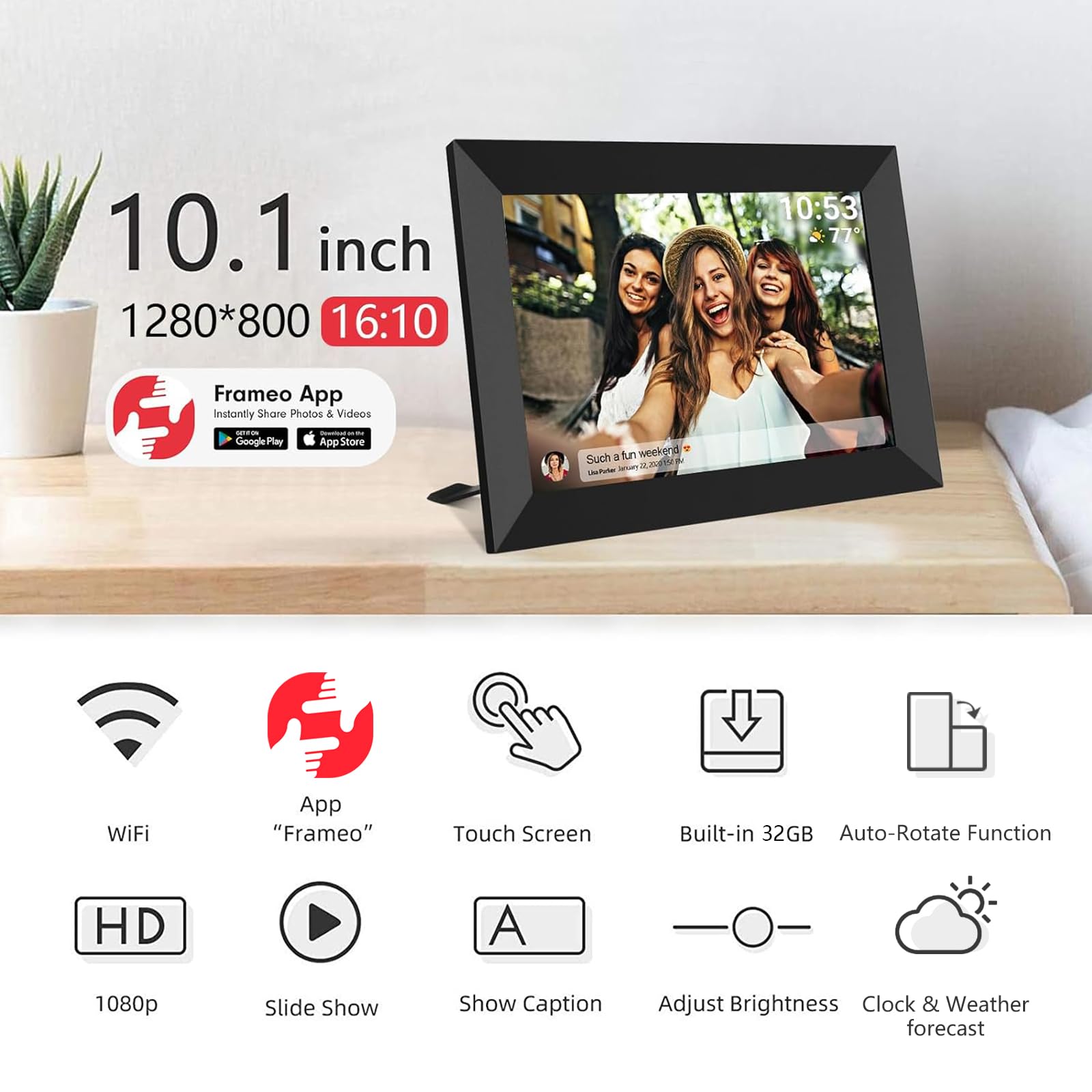 FRAMEO 10.1 Inch Smart WiFi Digital Photo Frame 1280x800 IPS LCD Touch Screen, Auto-Rotate Portrait and Landscape, Built in 16GB Memory, Share Moments Instantly via Frameo App from Anywhere