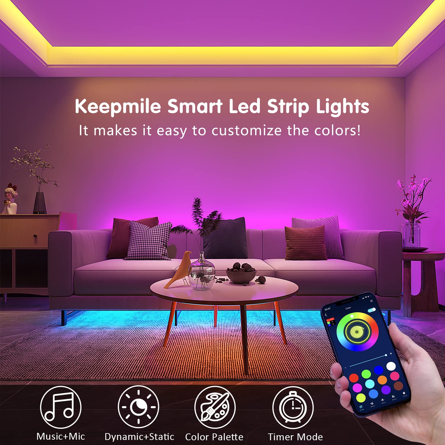 50ft Led Strip Lights Smart Sync Music Led Lights for Bedroom Home Decoration, APP Control