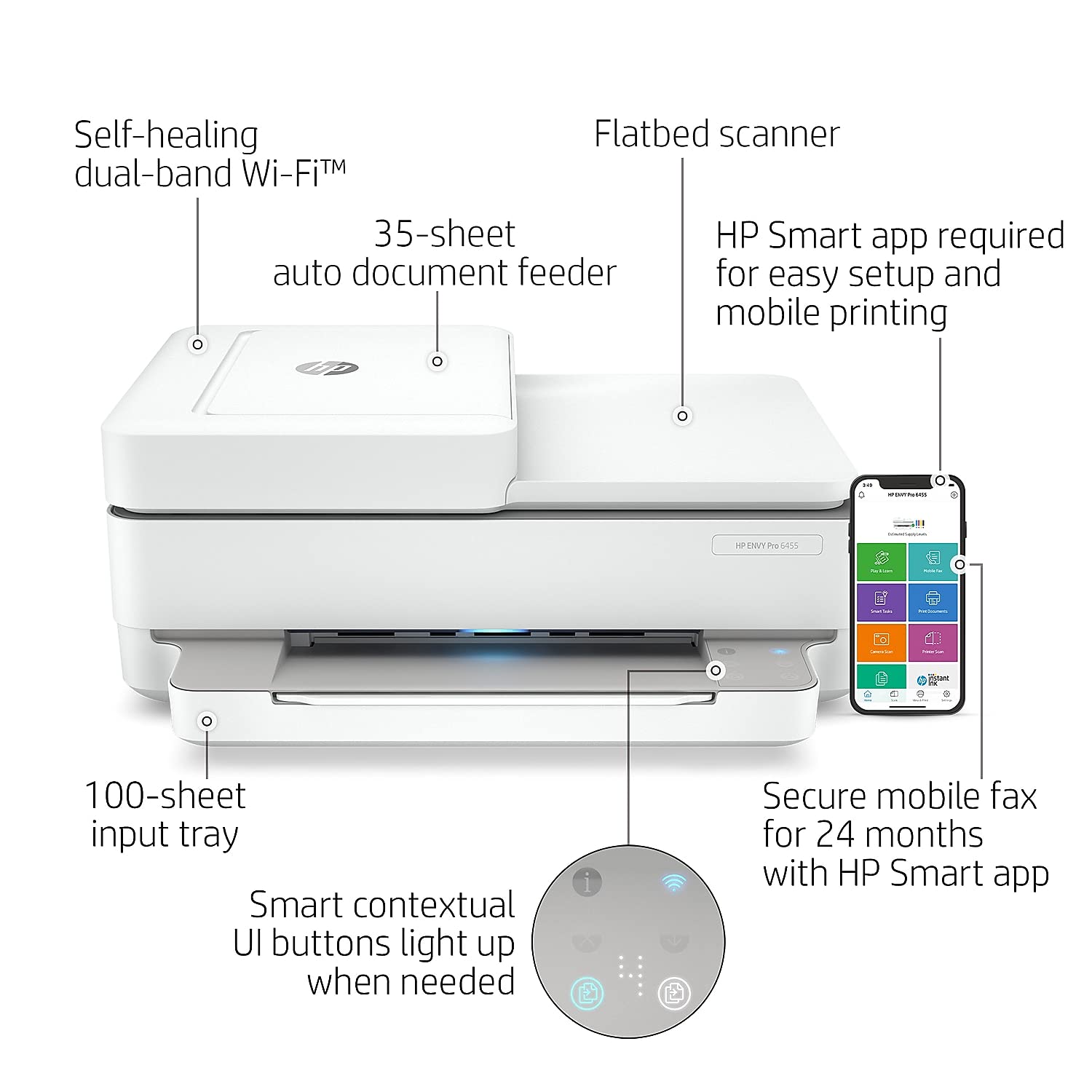 HP ENVY Pro 6455 Wireless All-in-One Printer, Mobile Print, Scan & Copy, Auto Document Feeder, HP Instant Ink ready, Works with Alexa (5SE45A)