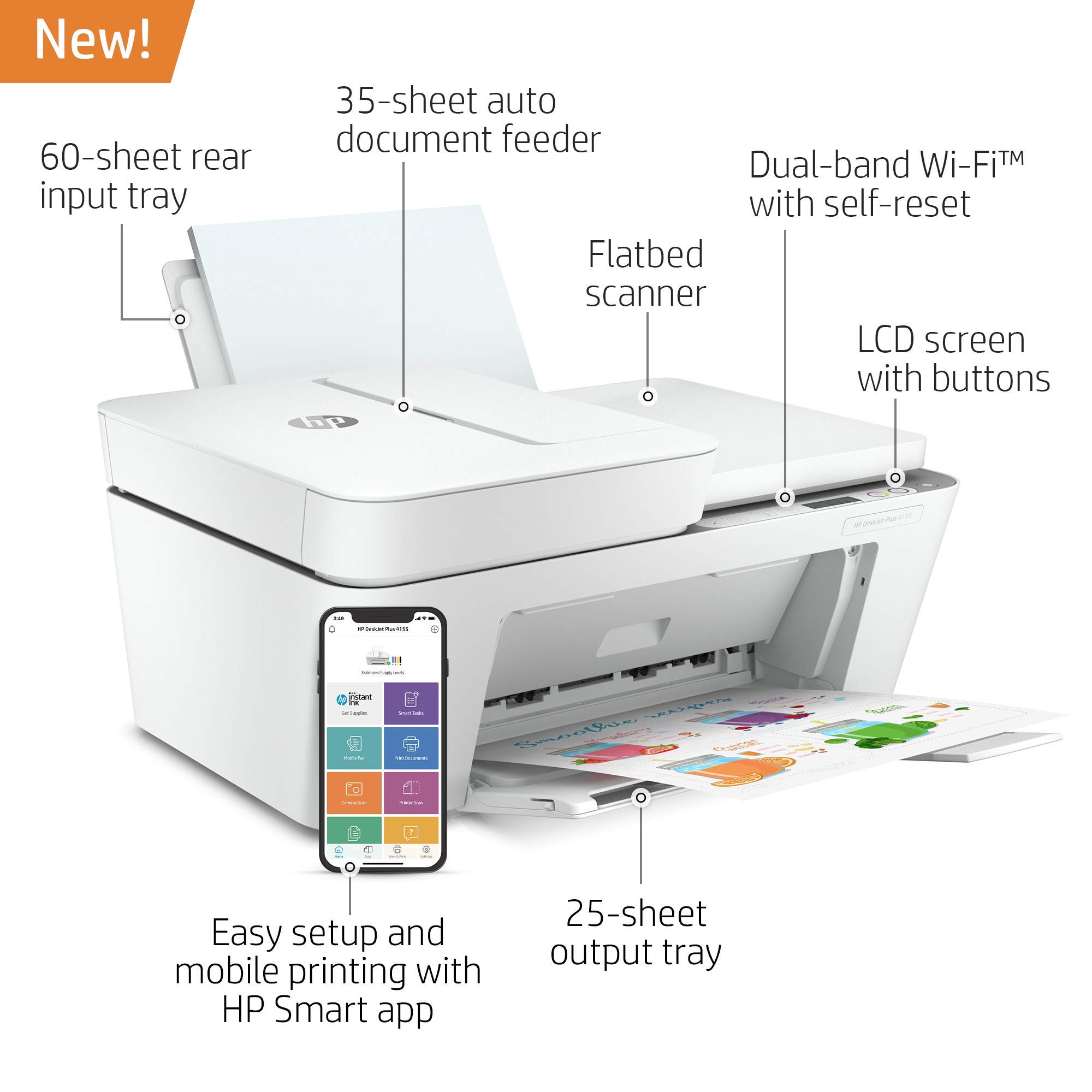 HP DeskJet Plus 4155 Wireless All-in-One Printer | Mobile Print, Scan & Copy | HP Instant Ink Ready | Auto Document Feeder (3XV13A) (Renewed)