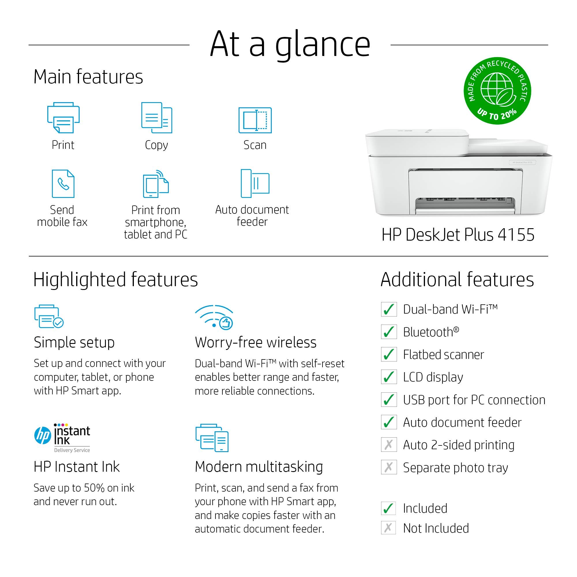 HP DeskJet Plus 4155 Wireless All-in-One Printer | Mobile Print, Scan & Copy | HP Instant Ink Ready | Auto Document Feeder (3XV13A) (Renewed)