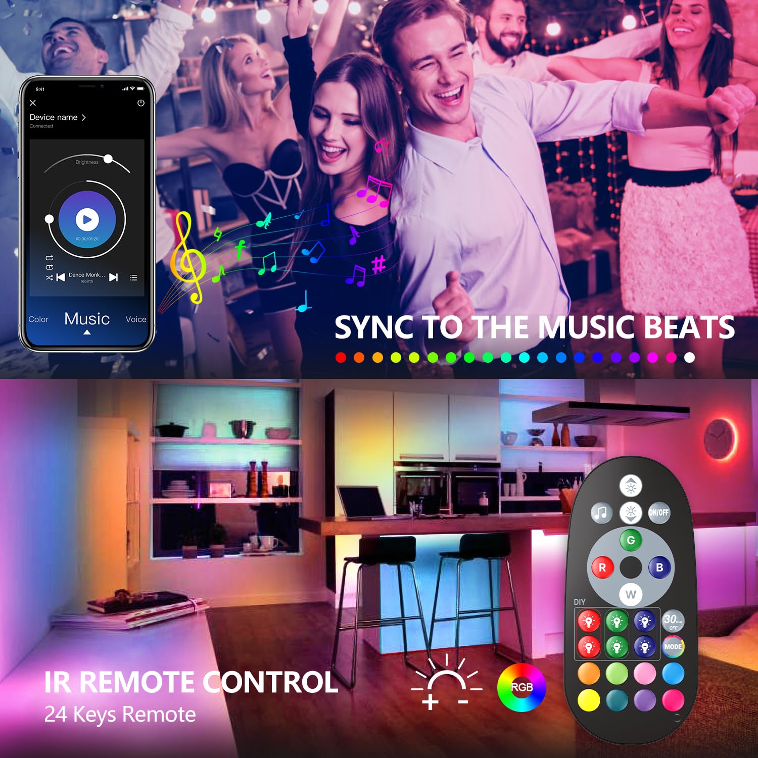 Nexillumi 65.6ft LED Lights for Bedroom Music Sync Color Changing RGB LED Strip Rope Lights 44-Key Remote, 5050 RGB LED Light Strips(APP+Remote+Mic)