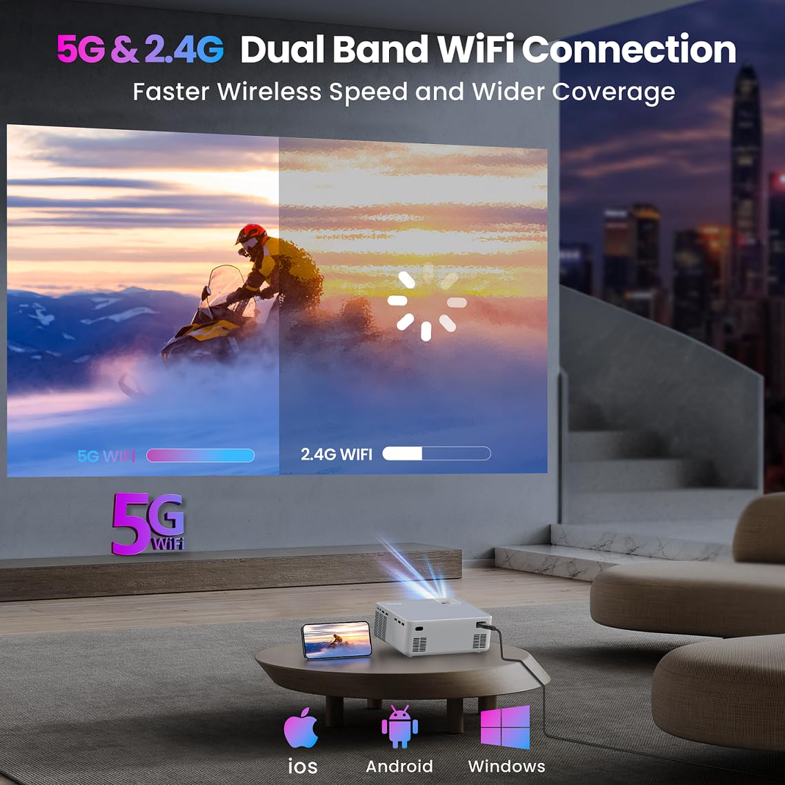 1080P HD Projector, WiFi Projector Bluetooth Projector, FANGOR 230" Portable Movie Projector with Tripod, Home Theater Video Projector Compatible with HDMI, VGA, USB, Laptop, iOS & Android Smartphone