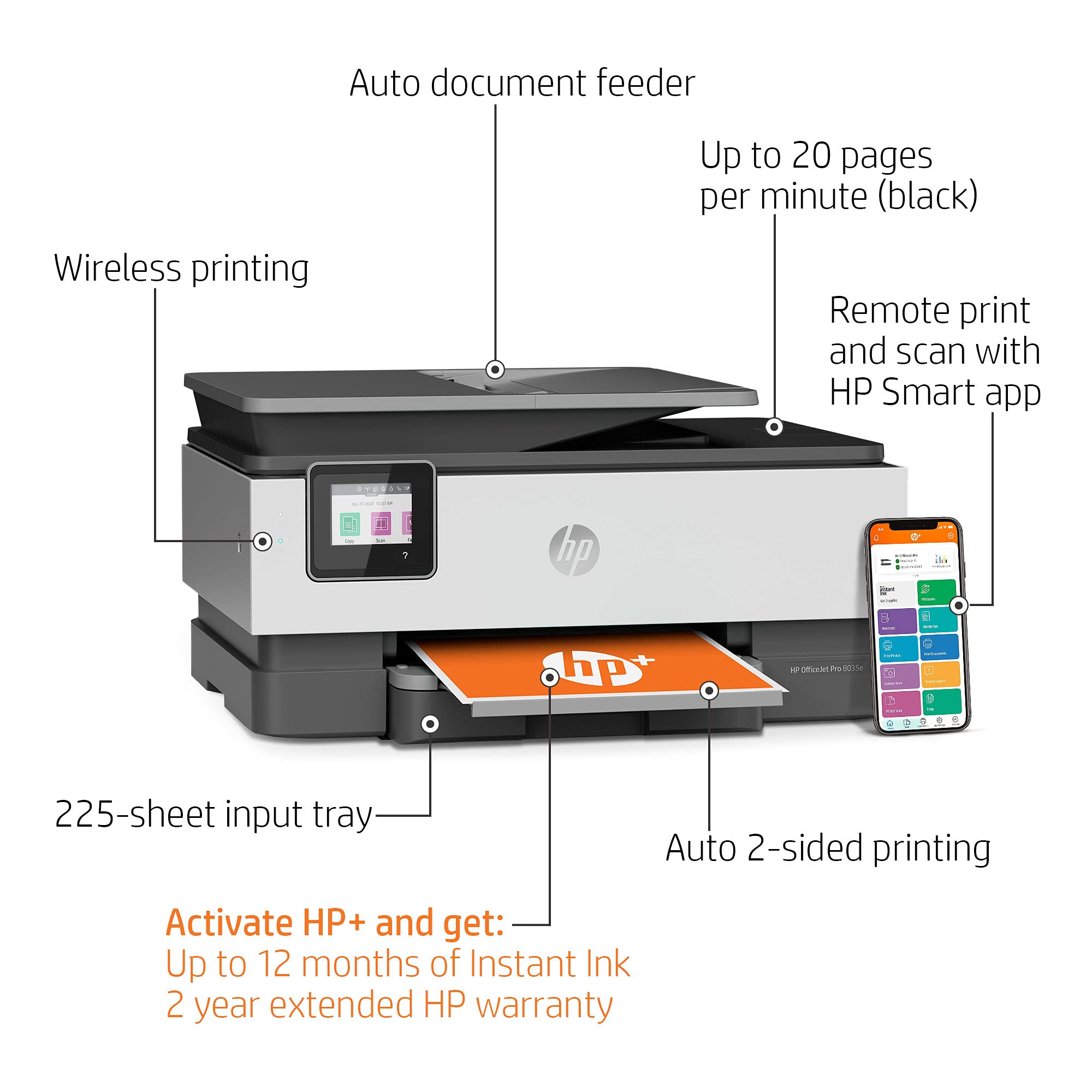 HP OfficeJet Pro 8035e Wireless Color All-in-One Printer (Basalt) with up to 12 months Instant Ink with HP+ (1L0H6A)