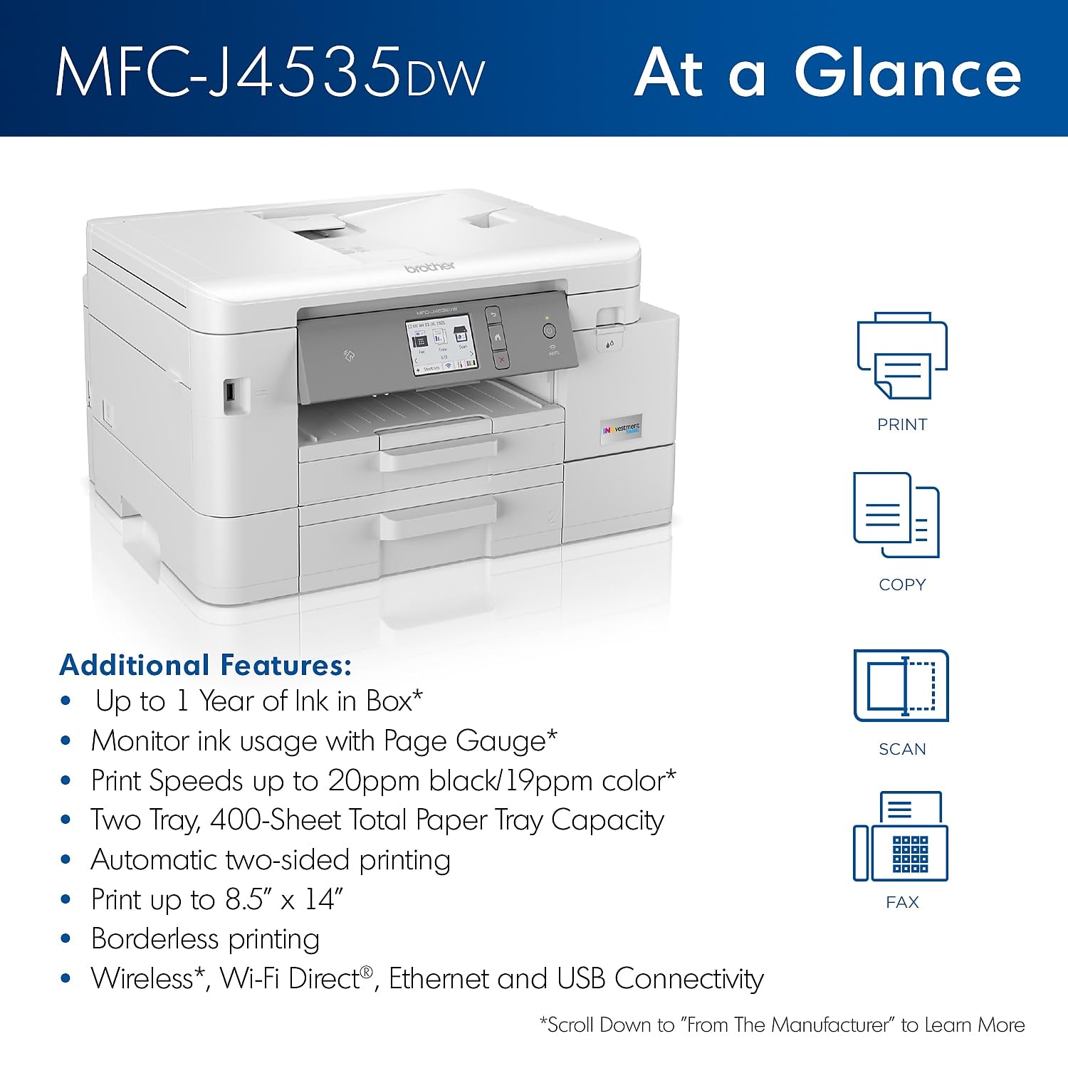 Brother MFC-J4535DW INKvestment-Tank All-in-One Color Inkjet Printer with NFC, Duplex and Wireless Printing Plus Up to 1-Year of Ink in-Box