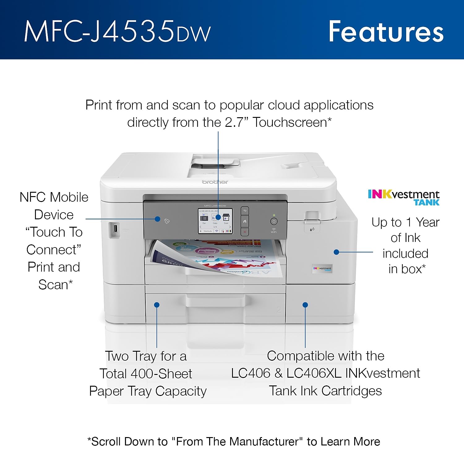 Brother MFC-J4535DW INKvestment-Tank All-in-One Color Inkjet Printer with NFC, Duplex and Wireless Printing Plus Up to 1-Year of Ink in-Box