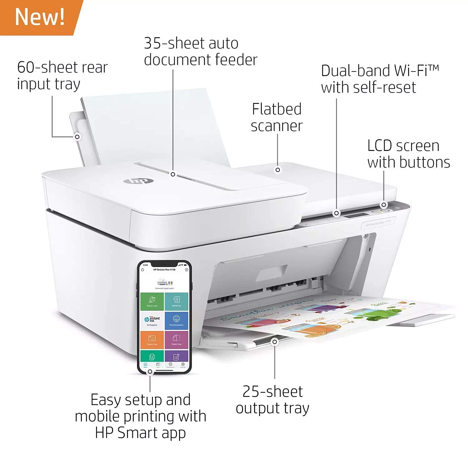 HP DeskJet Plus 4158 All-in-One Wireless Printer, Scan, Copy, Instant Ink Ready, 7FS76A (Renewed)