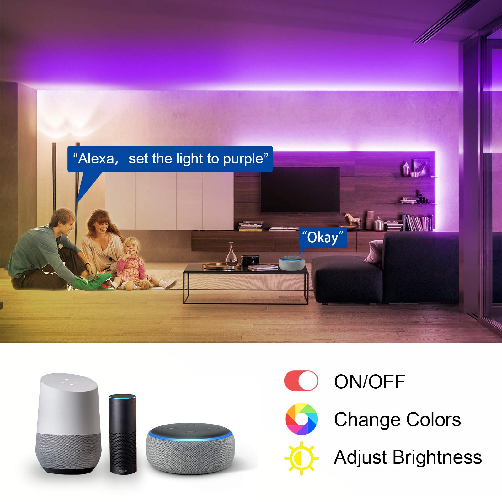 65.6ft WiFi LED Strip Lights,VOLIVO Smart LED Light Strip Compatible with Alexa and Google Home,App&Remote&Voice Controlled Music Sync Color Changing RGB 5050 LED Lights for Bedroom Kitchen,Party,TV